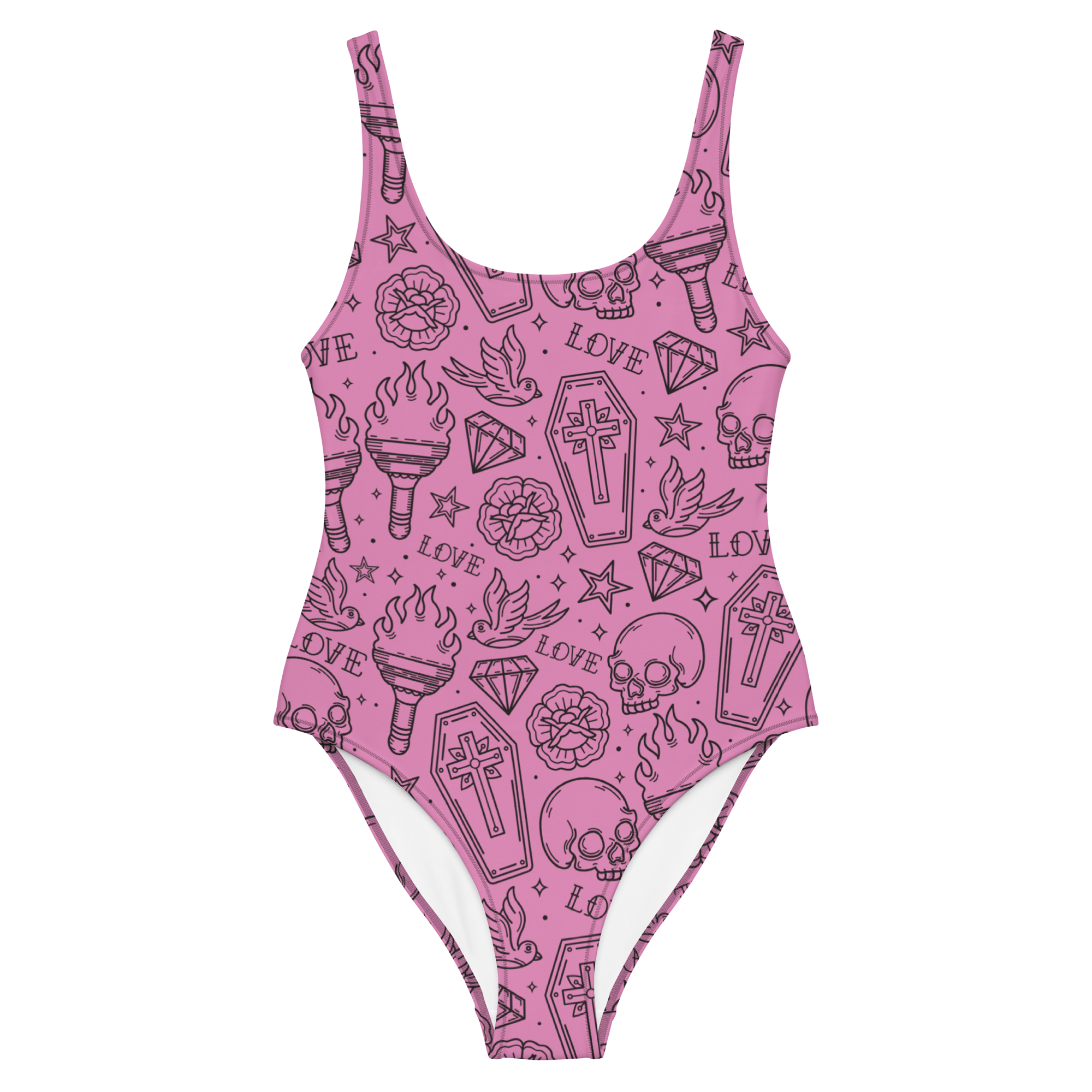 Pink Tattoo Print One Piece Swimsuit Goth Cloth Co